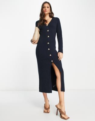 ASOS DESIGN knitted rib midi dress with button through in navy | ASOS