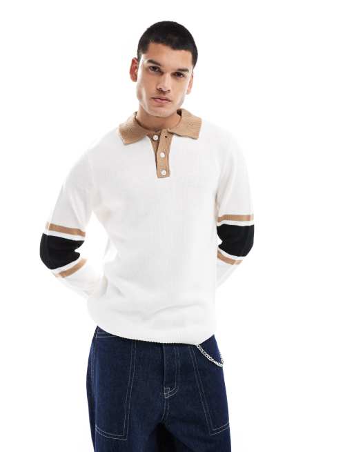 ASOS DESIGN knitted rugby sweater with stripe sleeves in white | ASOS