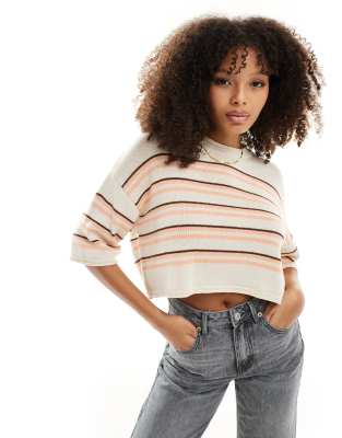 ASOS DESIGN knitted short sleeve jumper in neutral stripe | ASOS