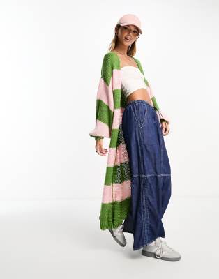ASOS DESIGN knitted striped longline cardigan in pink and khaki | ASOS