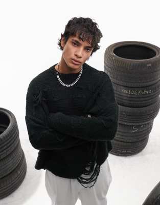 ASOS DESIGN knitted sweater with ladder detail in black | ASOS