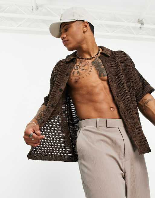 Asos Design Knitted Texture Polo With Revere Collar In Brown Asos
