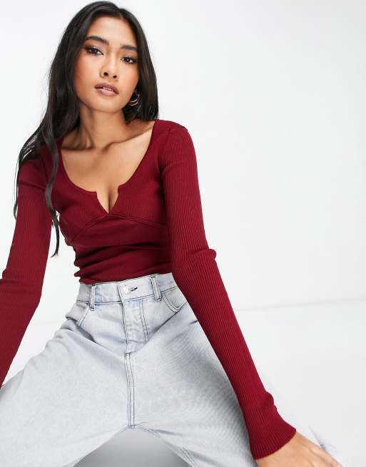 Asos Design Knitted Top With Notch Neck And Seam Detail In Dark Red Asos
