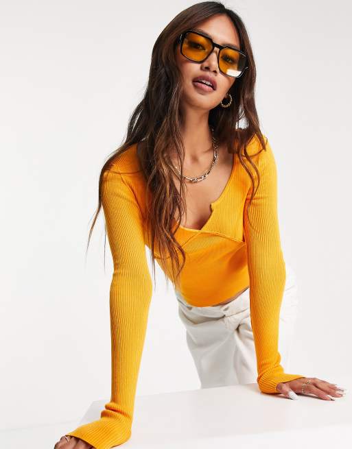 Asos Design Knitted Top With Notch Neck And Seam Detail In Orange Asos