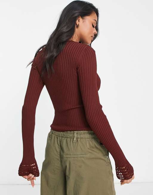 ASOS DESIGN knitted top with open yoke stitch in brown | ASOS