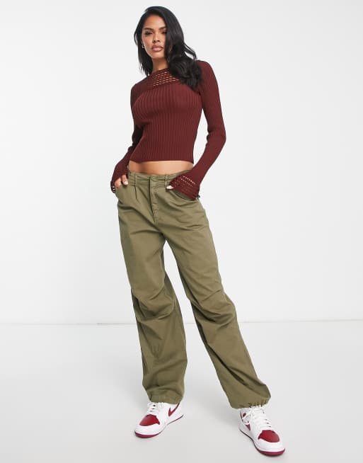 ASOS DESIGN knitted top with open yoke stitch in brown | ASOS
