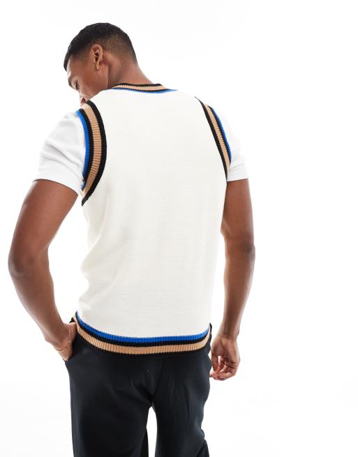 ASOS DESIGN knitted v neck tank in cable knit in ecru with blue tipping ...
