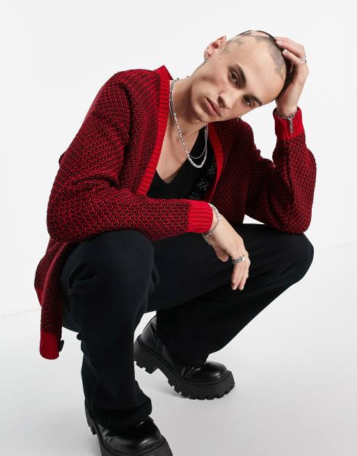 Asos Design Knitted Waffle Texture Cardigan In Contrast Red Asos