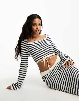 ASOS DESIGN knitted wide neck crop jumper in stripe in navy and cream ...