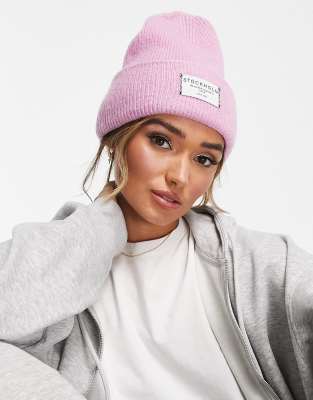 ASOS DESIGN label beanie in pink | ASOS