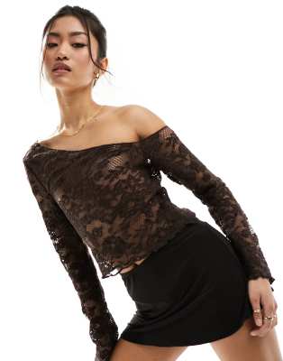 ASOS DESIGN lace asymmetric long sleeve top in brown | ASOS