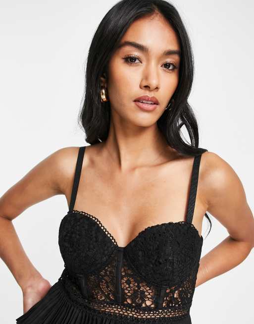 Asos Design Lace Corset Mini Dress With Tiered Pleated Skirt In Black
