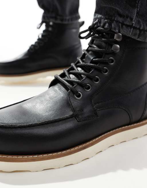 ASOS DESIGN lace up boots in black leather with contrast sole | ASOS