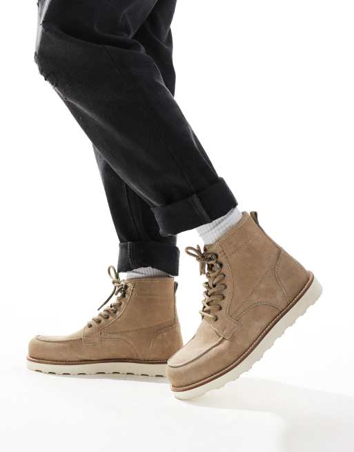 ASOS DESIGN lace up boots in stone suede with contrast sole | ASOS