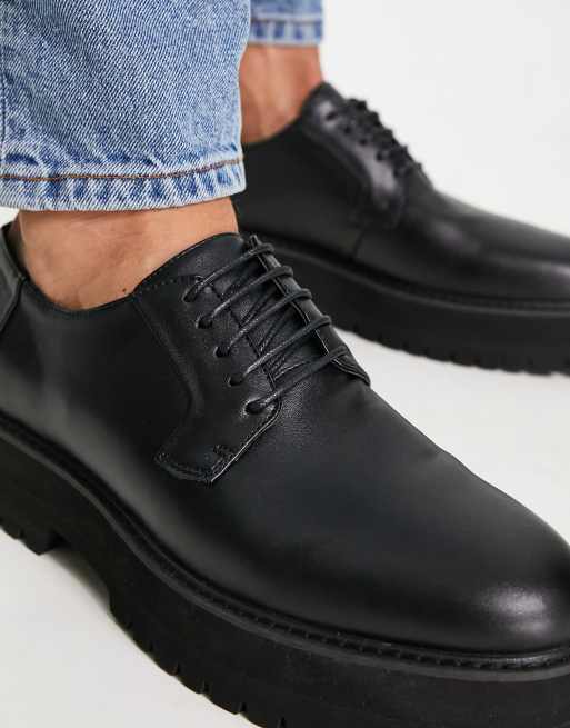ASOS DESIGN lace up shoes in black faux leather on raised chunky sole ASOS