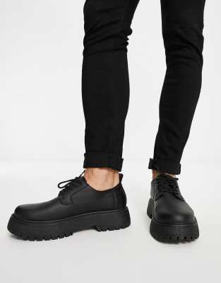 ASOS DESIGN lace up shoes in black faux leather on raised chunky sole ...