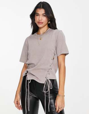 ASOS DESIGN lace up tee in mink | ASOS