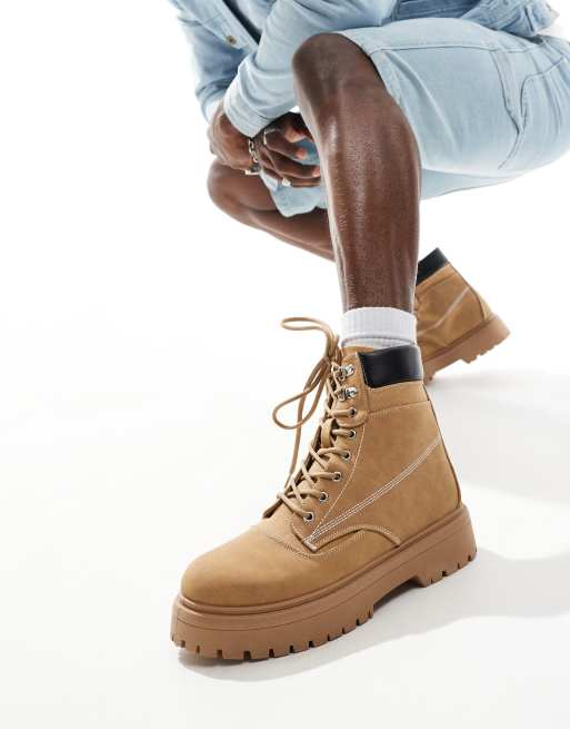 ASOS DESIGN lace up worker boots in tan with chunky sole | ASOS