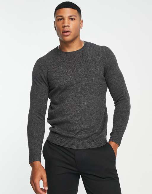 Asos Design Lambswool Crew Neck Sweater In Charcoal Asos