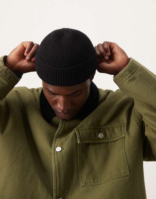 ASOS DESIGN lambswool mini fisherman ribbed beanie in black | ASOS
