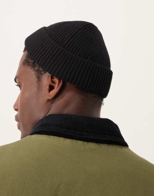 ASOS DESIGN lambswool mini fisherman ribbed beanie in black | ASOS