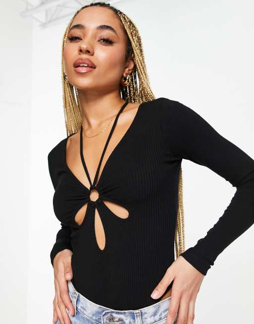 Asos Design Langärmliger Body In Schwarz Mit Ringdetail Und