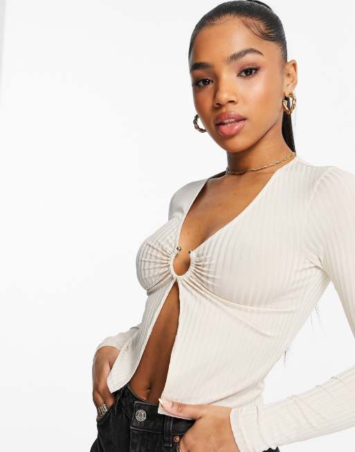 Asos Design Langärmliges Geripptes Oberteil Mit Metalldetail In