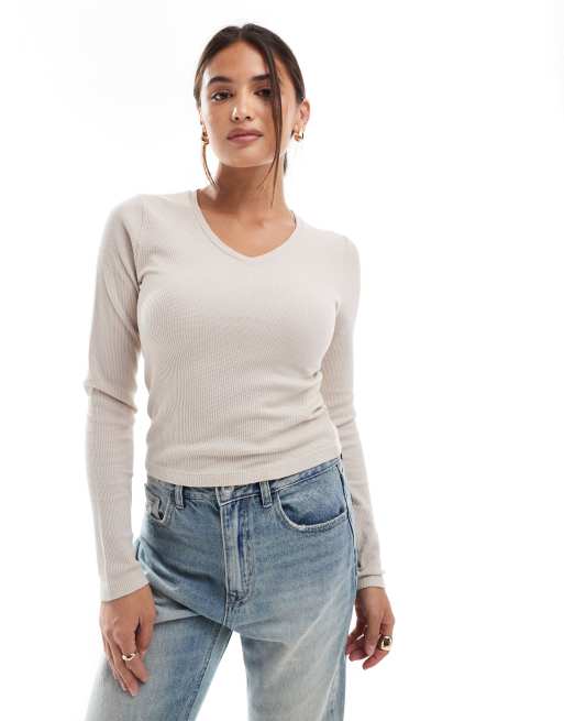 Asos Design Langärmliges Oberteil In Verwaschenem Stein Mit V