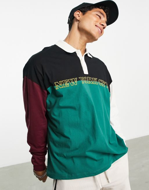 Asos Design Langärmliges Oversize Poloshirt In Grün Und Burgunderrot