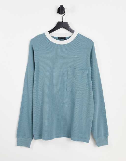 Asos Design Langärmliges Oversize Shirt In Blau Mit Waffelstruktur