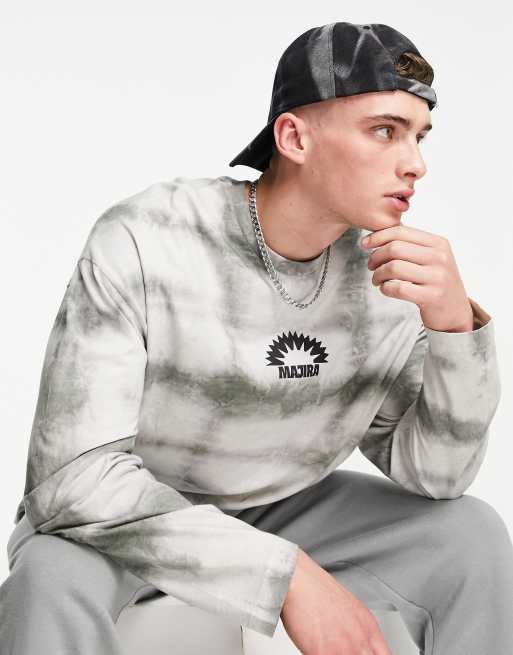 Asos Design Langärmliges Oversize Shirt In Grau Mit Batikmuster Und