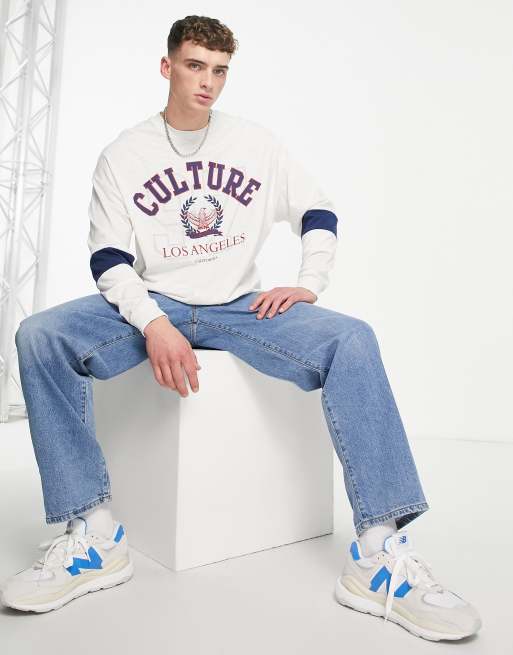 Asos Design Langärmliges Oversize Shirt In Weiß Mit Farbblockdetail