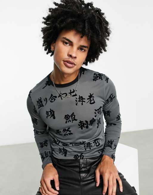Asos Design Langärmliges Shirt Mit All Over Flockprint Und Engem