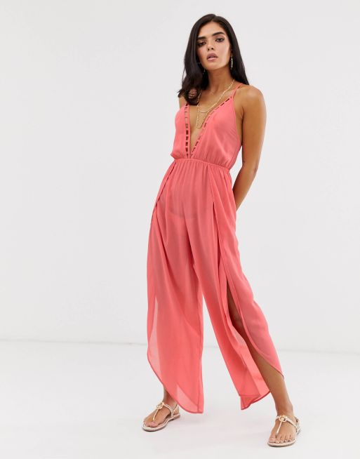 Asos Design Lattice Plunge Front Beach Jumpsuit In Mink Asos