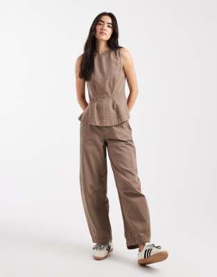 ASOS DESIGN laundered peplum top with barrel trousers co-ord in taupe ...