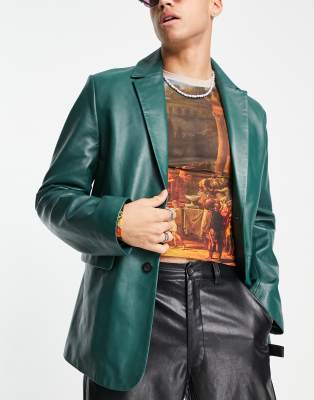 Asos Design Real Leather Blazer In Green | ModeSens