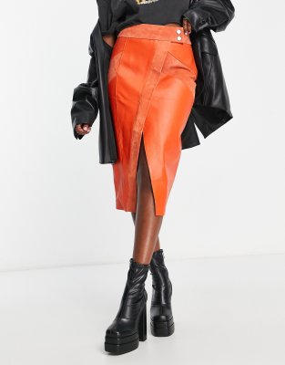 ASOS DESIGN leather midi skirt with contrast panels in orange | ASOS