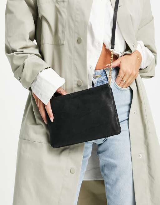 Asos Design Leather Multi Gusset Cross Body Bag With Chain Link Strap
