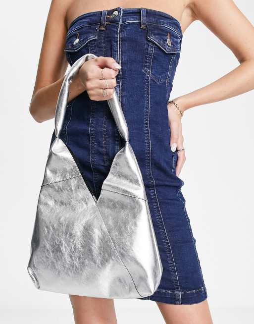 ASOS DESIGN leather tote bag in silver | ASOS
