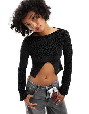 ASOS DESIGN leopard burnout slash neck top in black | ASOS