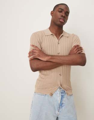 ASOS DESIGN lightweight knitted rib button through polo in stone | ASOS