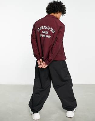 ASOS DESIGN lightweight varsity coach jacket with back print in red | ASOS