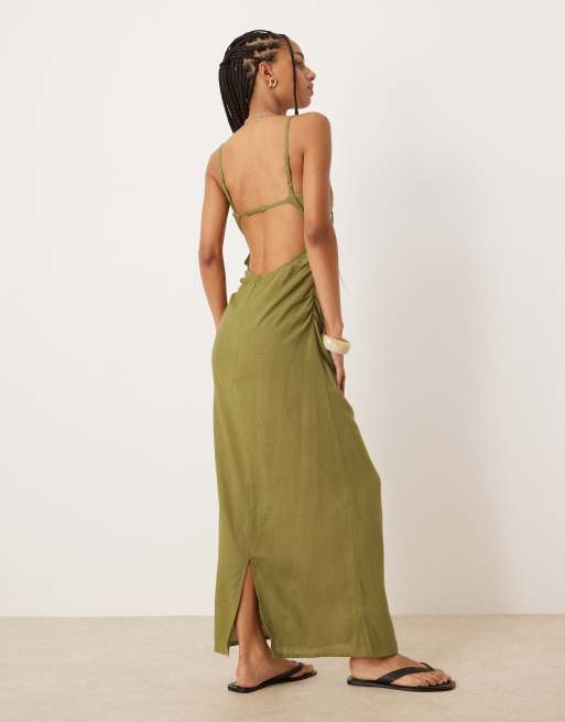 ASOS DESIGN linen-blend maxi sundress with bralet cut-out in olive | ASOS