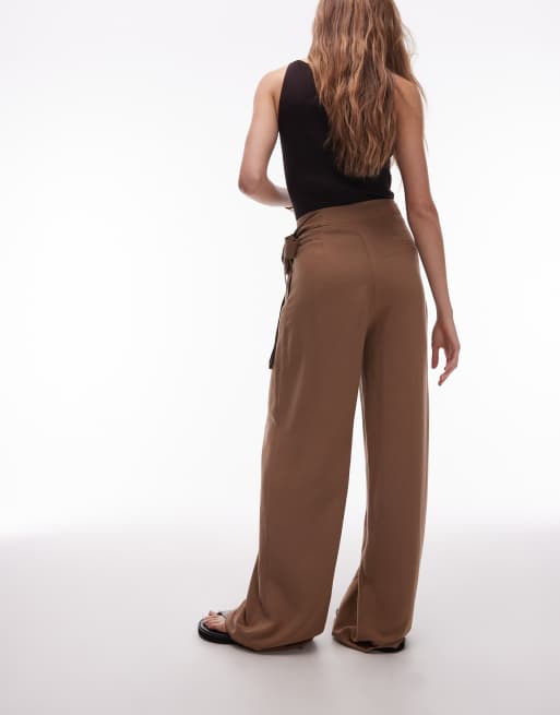ASOS DESIGN linen blend wide leg wrap pants in brown | ASOS