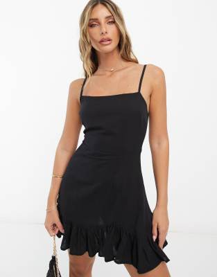ASOS DESIGN linen cami mini sundress with ruffle hem in black | ASOS