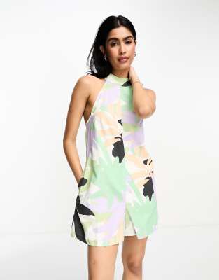 Asos Design Linen Look Halter A Line Romper In Abstract Tropical Print ...