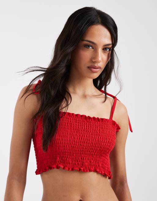 ASOS DESIGN linen look shirred bralet top in red | ASOS