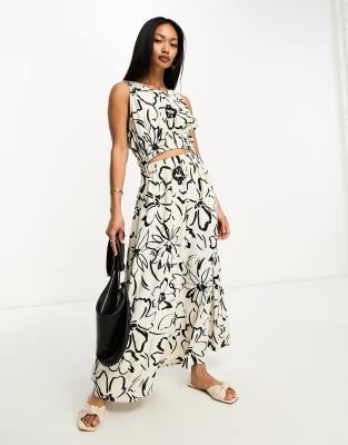 ASOS DESIGN linen midi sundress with cut out ruched detail in abstract ...