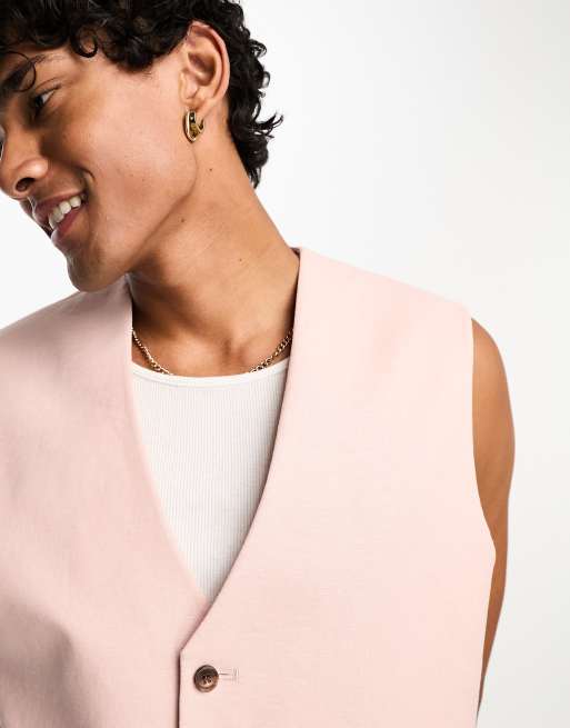 ASOS DESIGN linen mix cropped suit vest in pink | ASOS