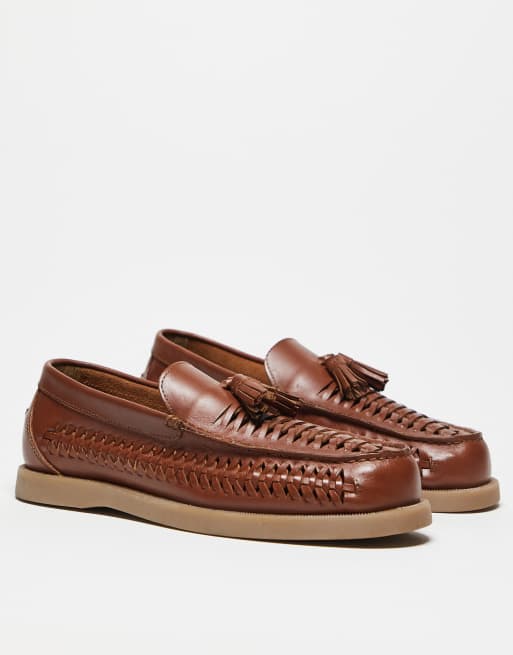 ASOS DESIGN loafers in tan leather with weave | ASOS